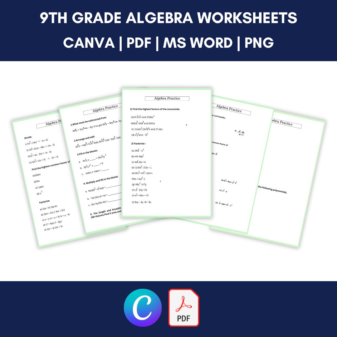 9th Grade Algebra Worksheets Template Printable PDF, Word