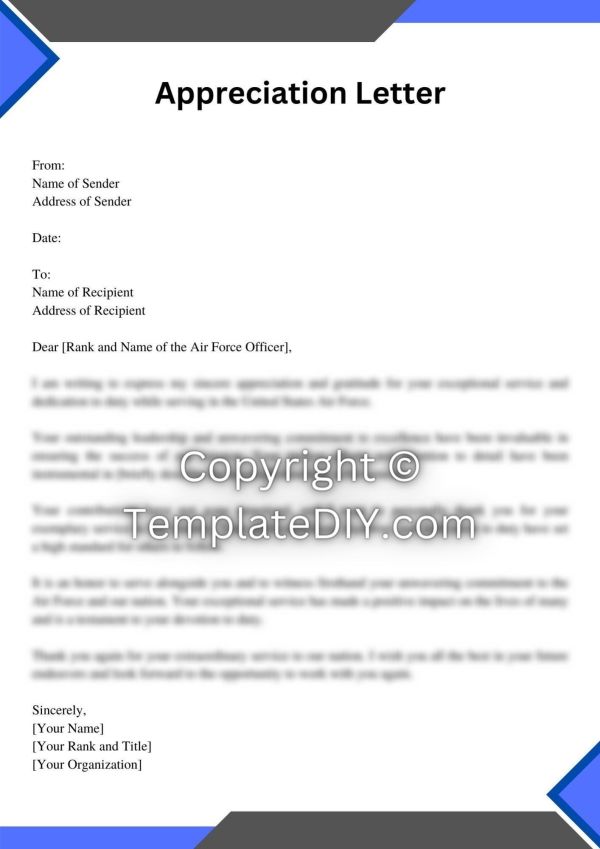 Editable Air Force Letter of Appreciation | Word Format