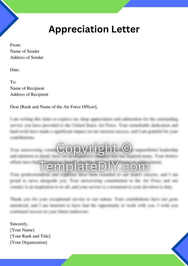 Editable Air Force Letter of Appreciation | Word Format