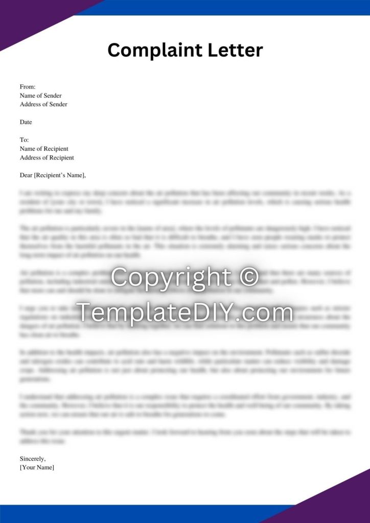 Air Pollution Complaint Letter Sample with Examples [Word]