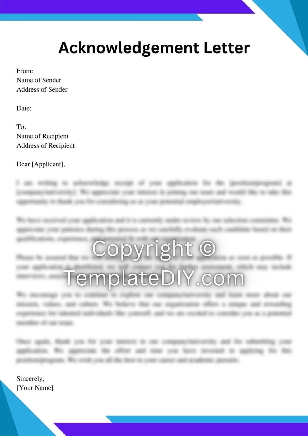 Application Acknowledgement Letter Sample Template [Word]