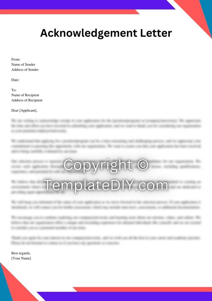 Application Acknowledgement Letter Sample Template [Word]