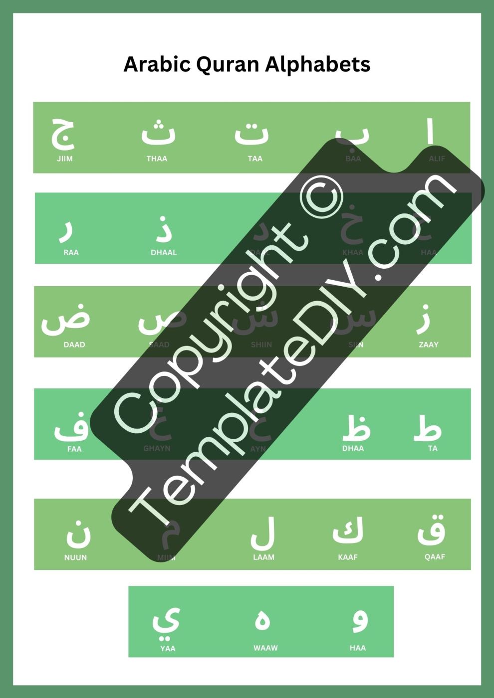 Arabic Quran Alphabet Printable Template PDF, Word