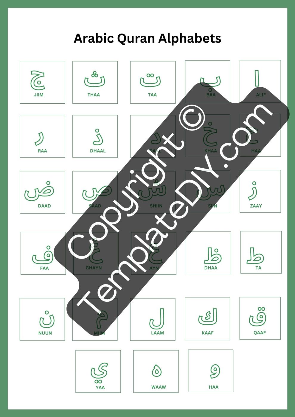 Arabic Quran Alphabet Printable Template PDF, Word