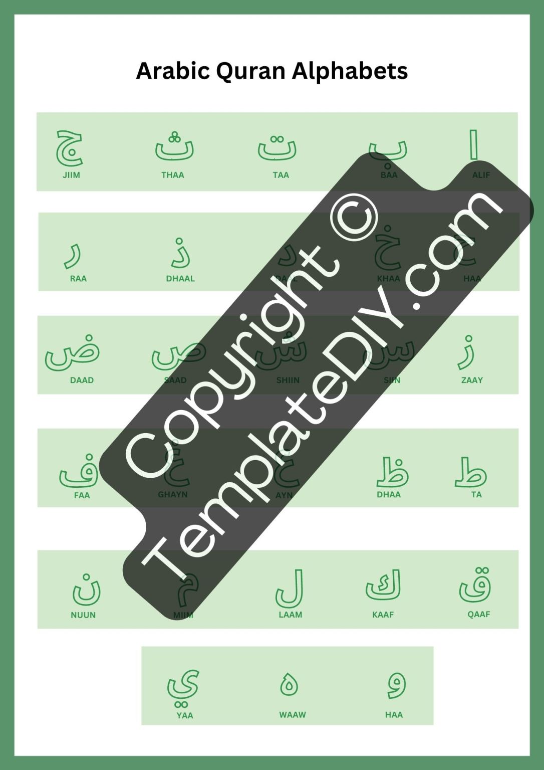 Arabic Quran Alphabet Printable Template PDF, Word