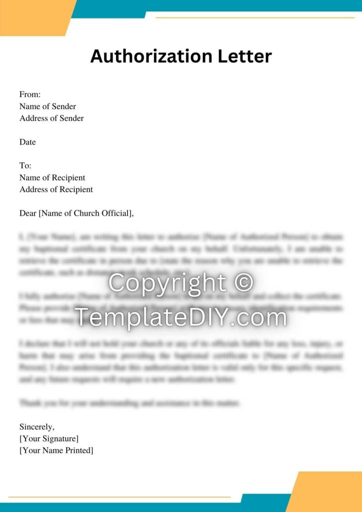 Authorization Letter for Baptismal Certificate Template [Word]
