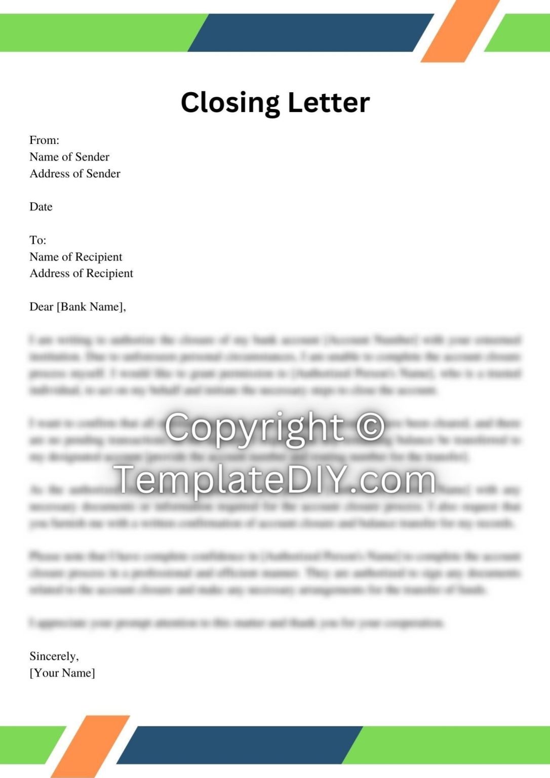 Authorization Letter for Closing Bank Account Sample [Word]