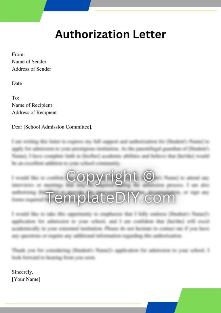 Authorization Letter for School Admission Template | Download Now