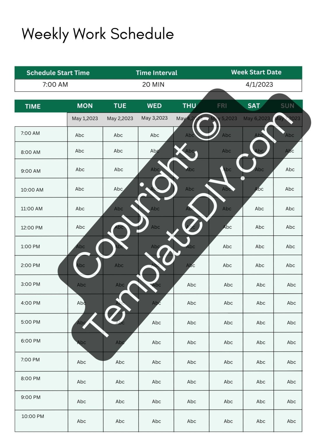 7 Day Weekly Work Schedule Template Printable PDF, Word
