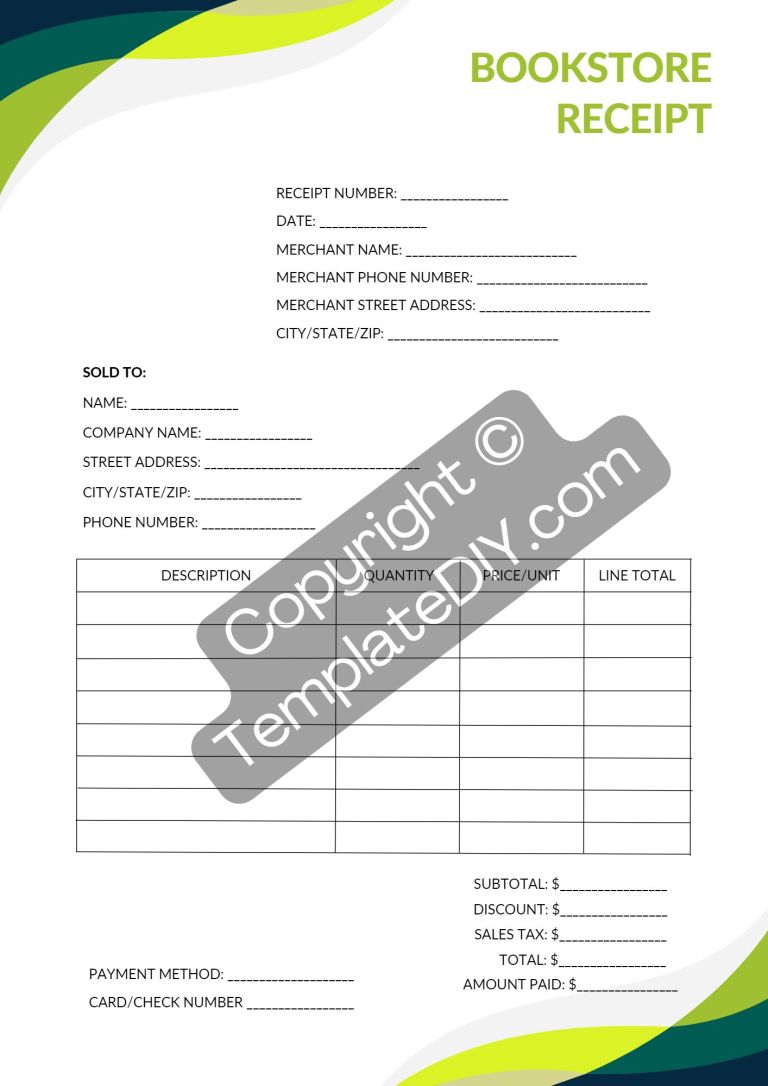 Bookstore Receipt Template Printable PDF, Word, Excel
