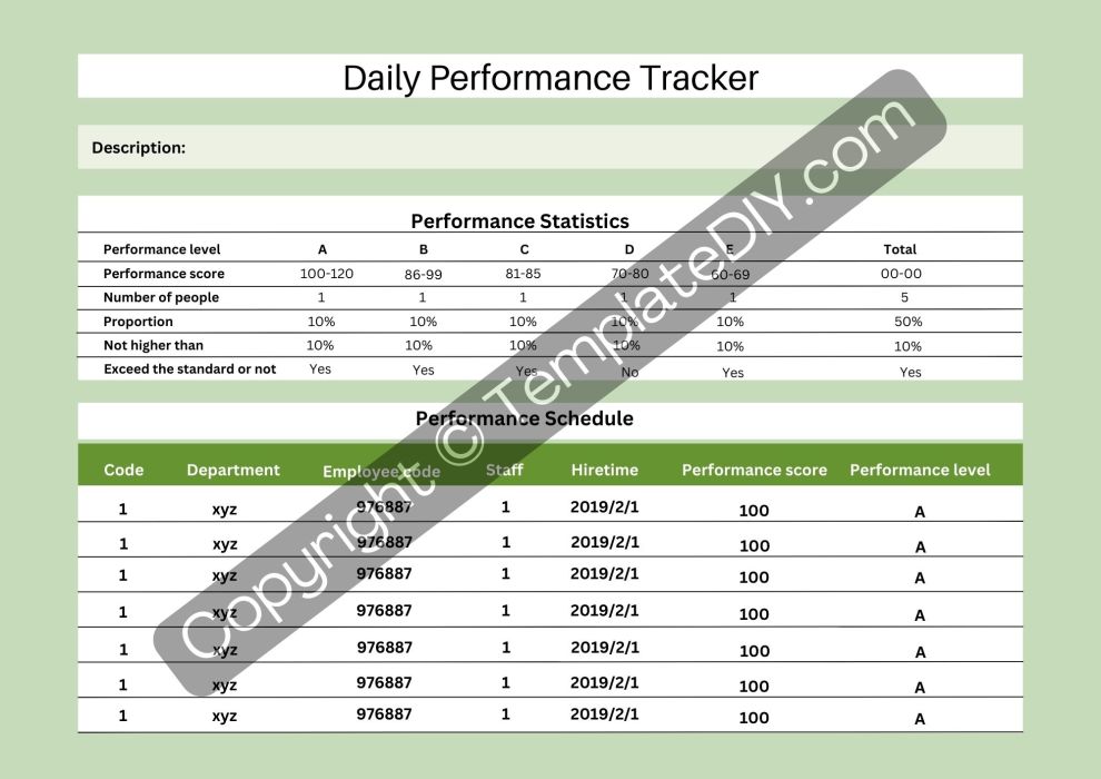 Daily Performance Tracker Template Printable PDF, Word