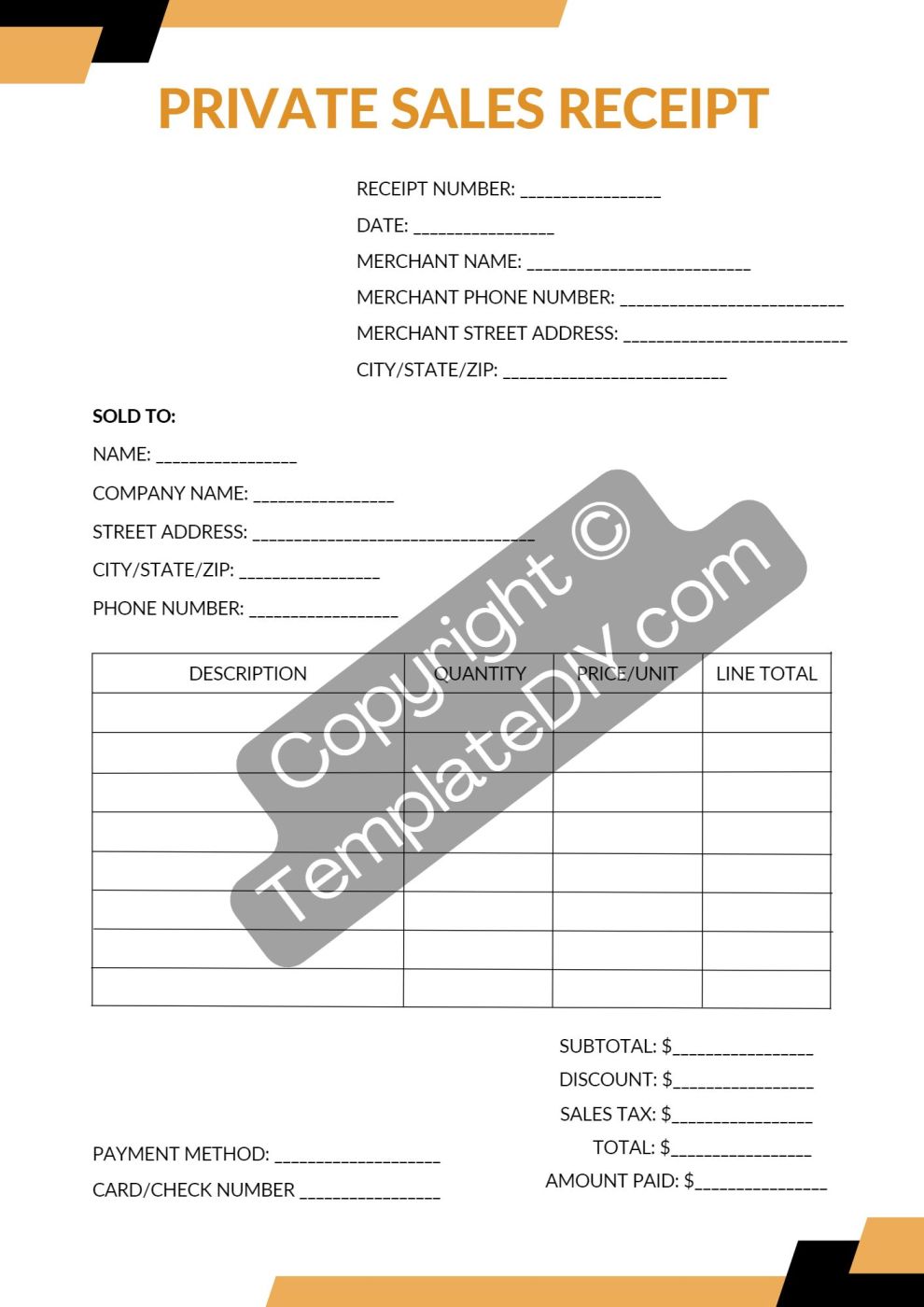 Private Sales Receipt Template Blank Printable in Pdf, Word