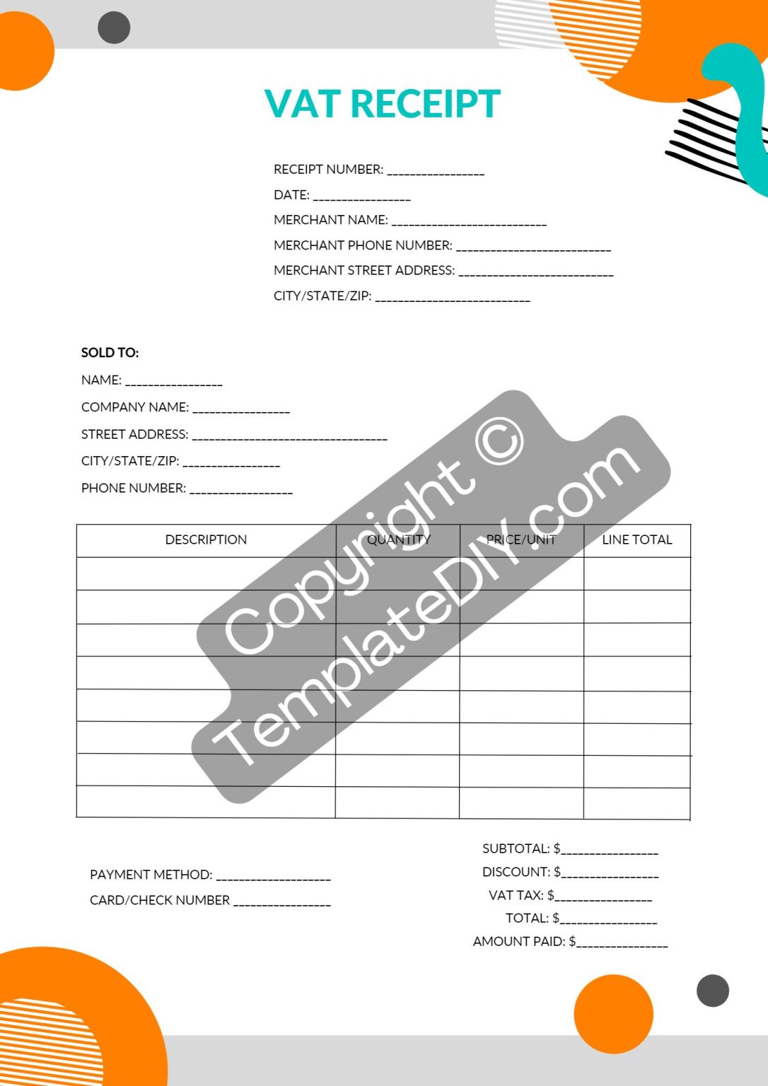 VAT Receipt Template Blank Printable in Pdf, Excel, Word