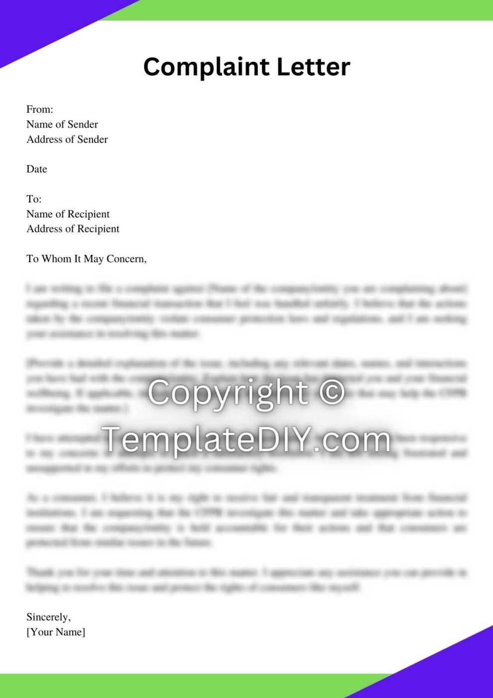 CFPB Complaint Letter Sample with Examples [Word Editable]