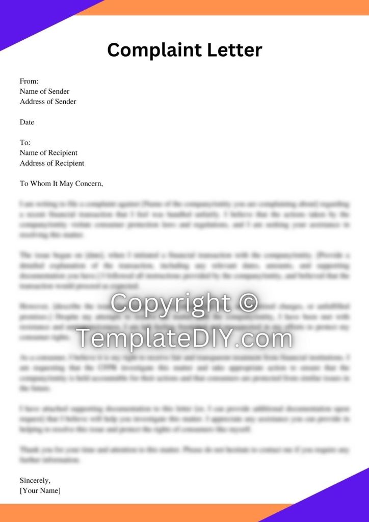 CFPB Complaint Letter Sample with Examples [Word Editable]