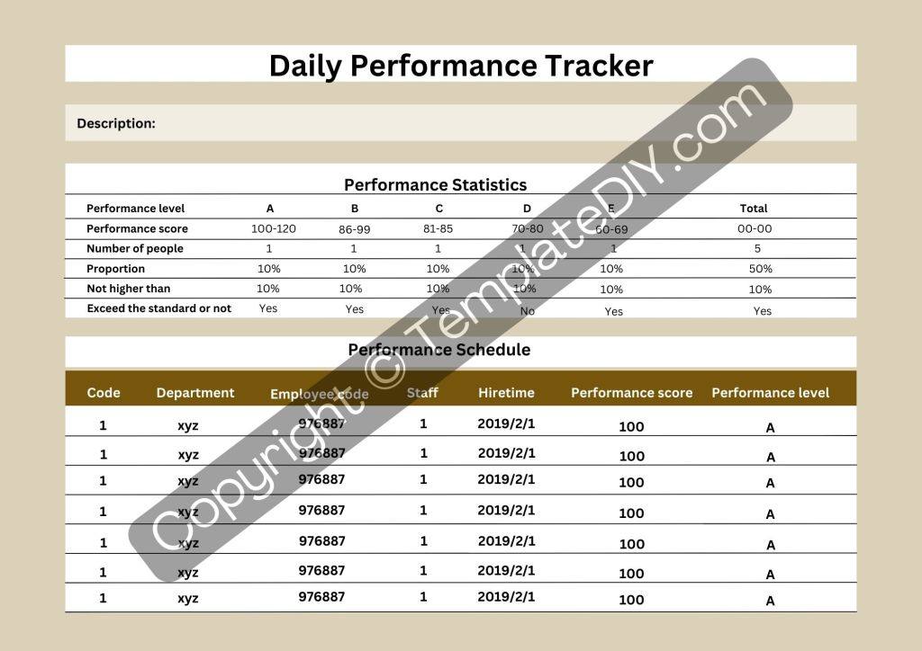 Daily Performance Tracker Template Printable PDF, Word