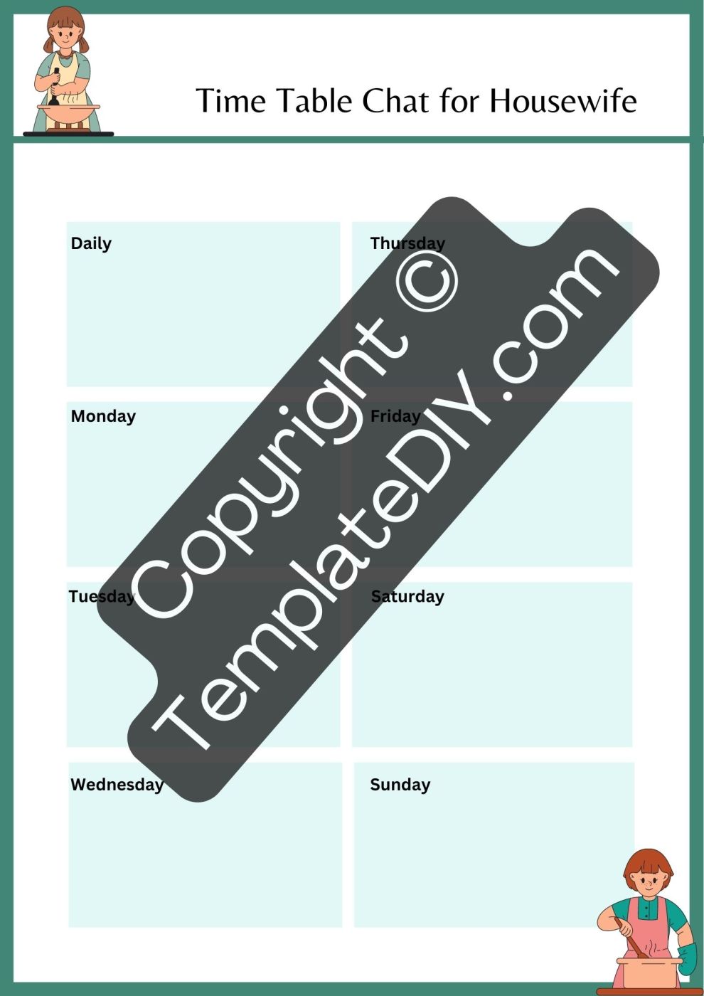 Daily Routine Time Table Chart for Housewife Template PDF