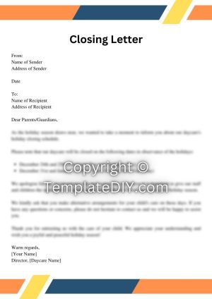 Daycare Holiday Closing Letter to Parents Sample [Word]