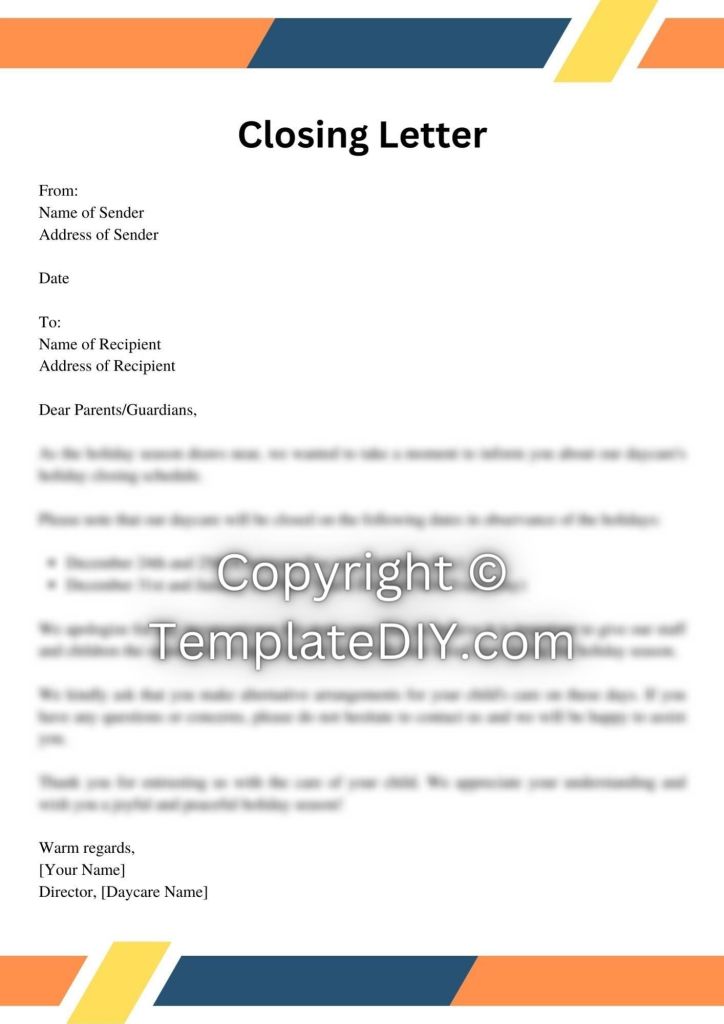 Daycare Holiday Closing Letter to Parents Sample [Word]