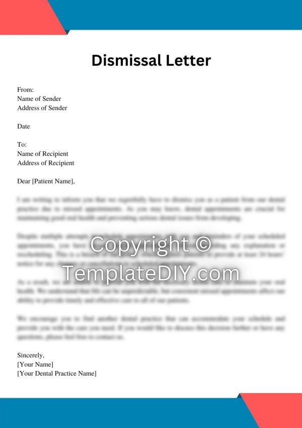 Dental Dismissal Letter for Missed Appointments Sample
