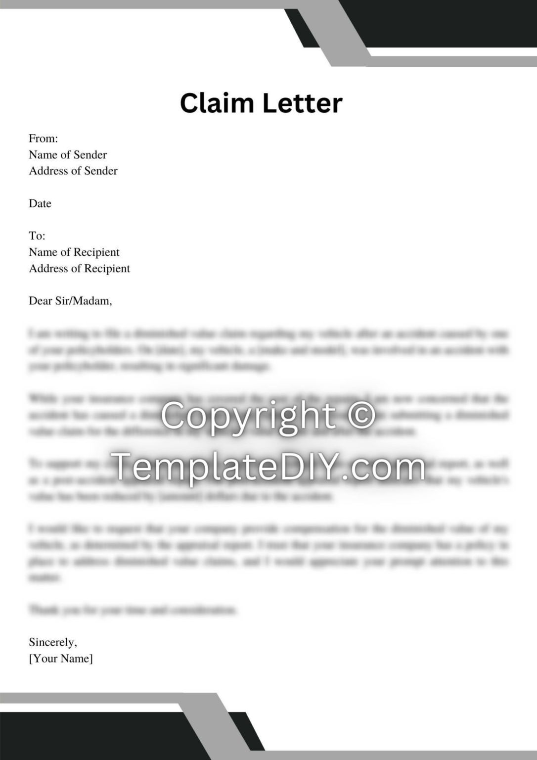 Vehicle Diminished Value Claim Letter Sample & Template