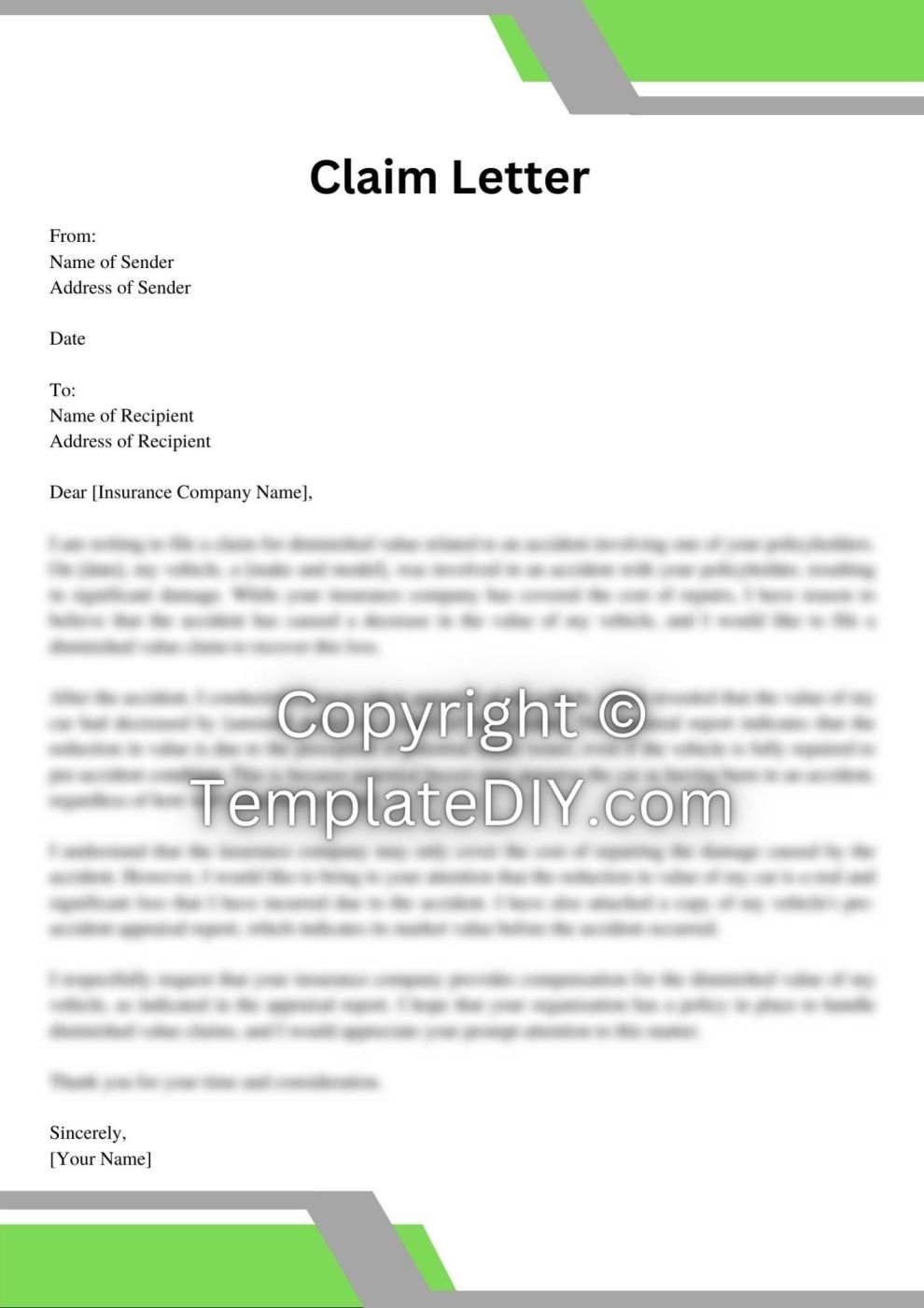Vehicle Diminished Value Claim Letter Sample & Template