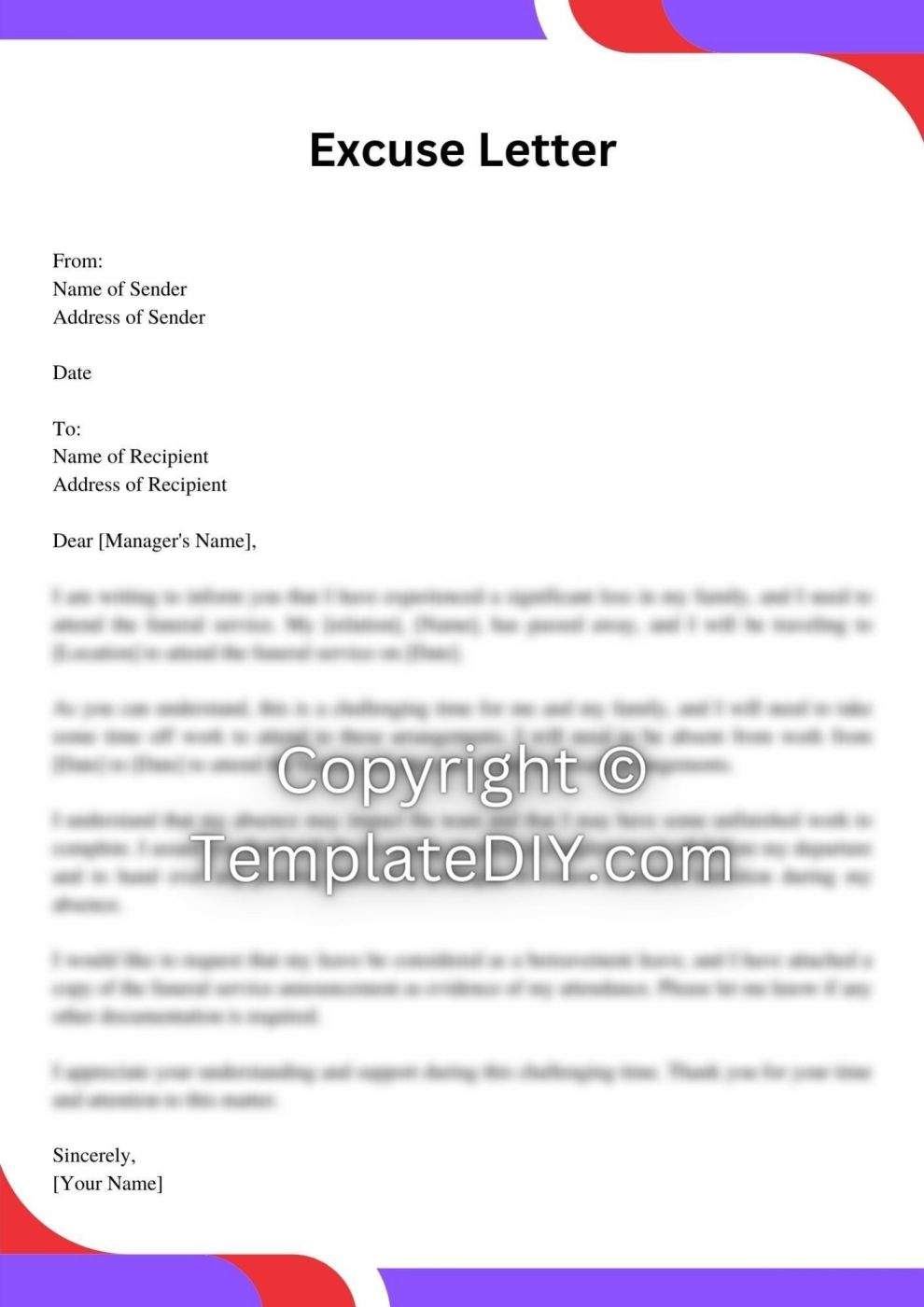 Funeral Absence Excuse Letter Template for Work