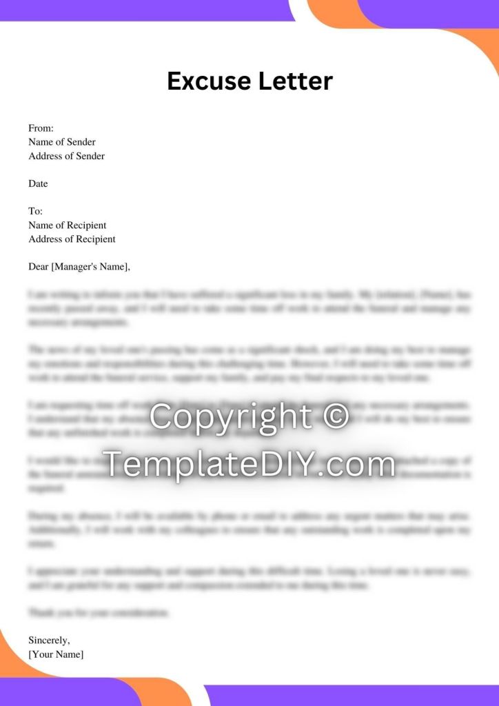 Funeral Absence Excuse Letter Template for Work