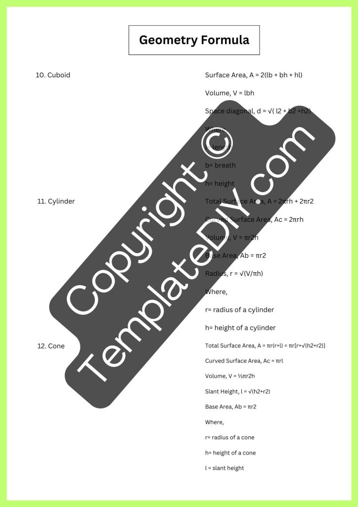 Geometry Math Formula Chart Printable Template PDF, Word