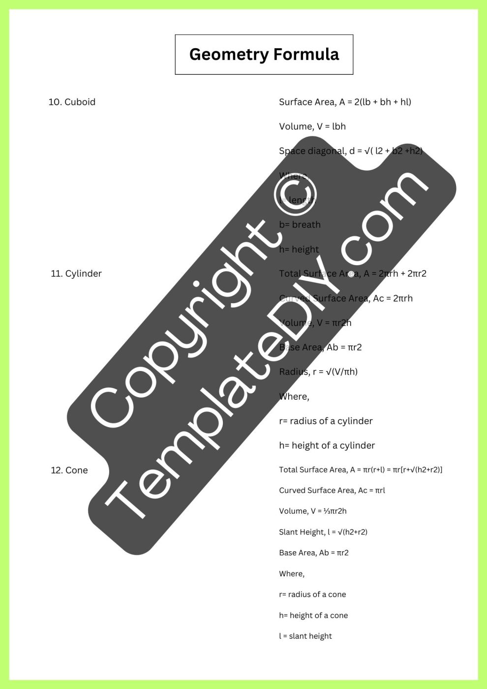 Geometry Math Formula Chart Printable Template PDF, Word
