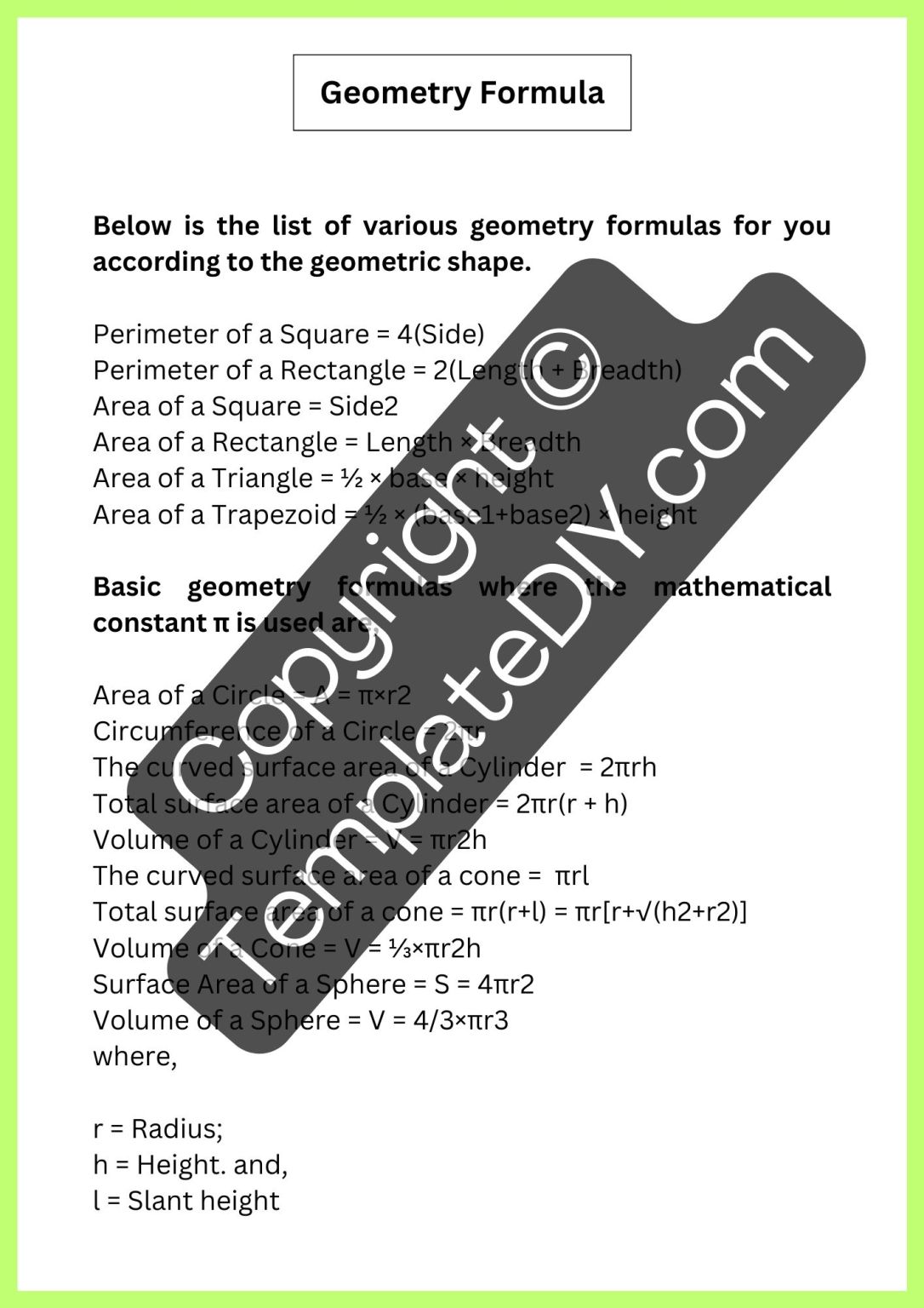 Geometry Math Formula Chart Printable Template PDF, Word