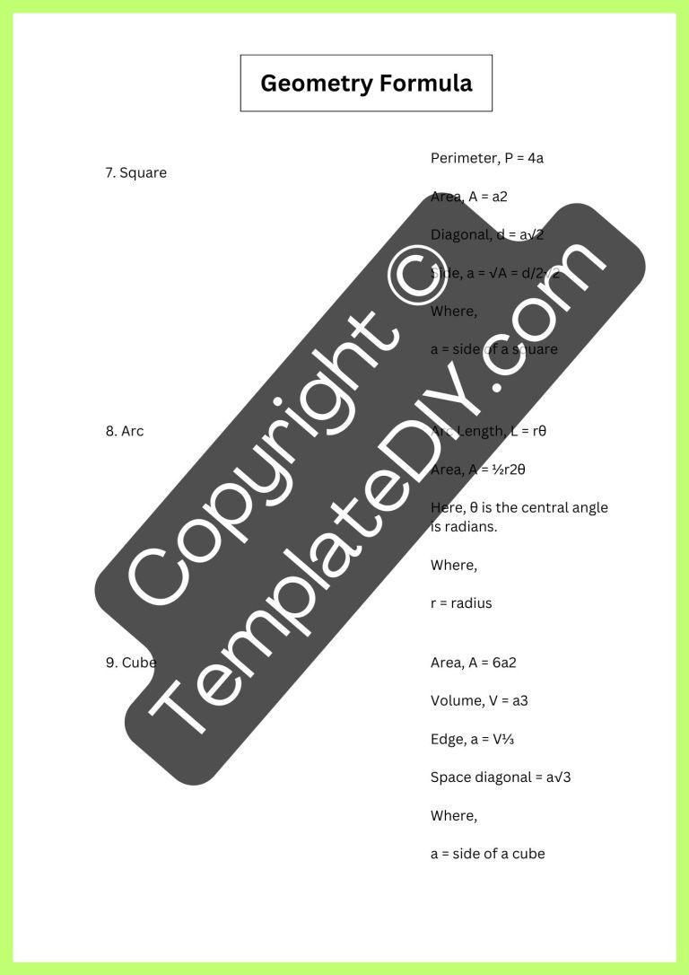 Geometry Math Formula Chart Printable Template PDF, Word