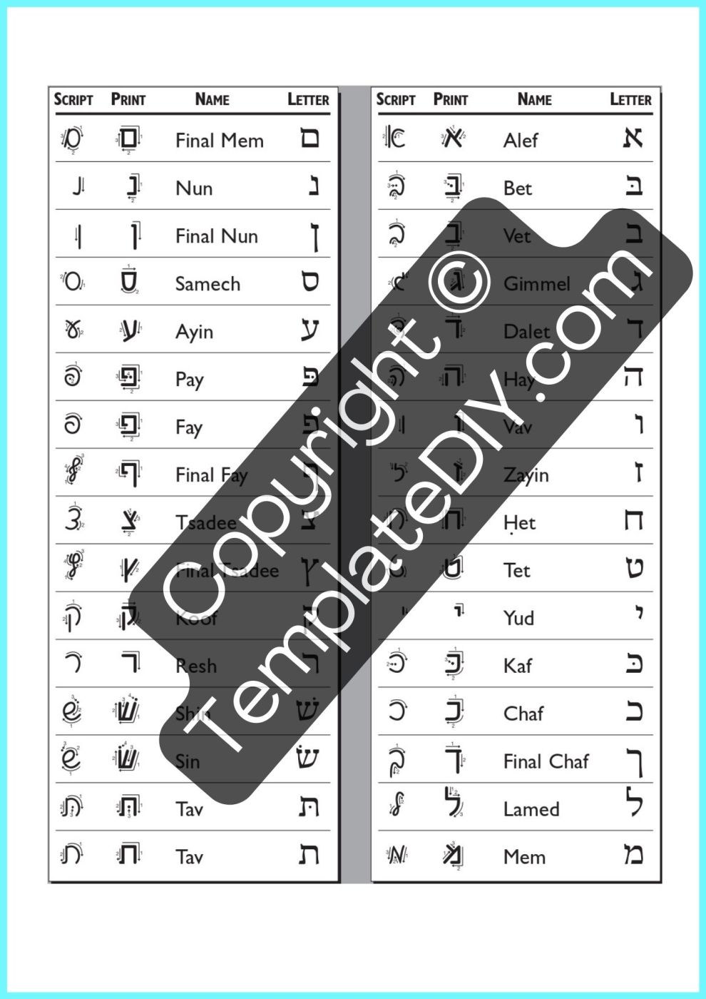 Printable Hebrew Cursive Alphabet Template | PDF & Word