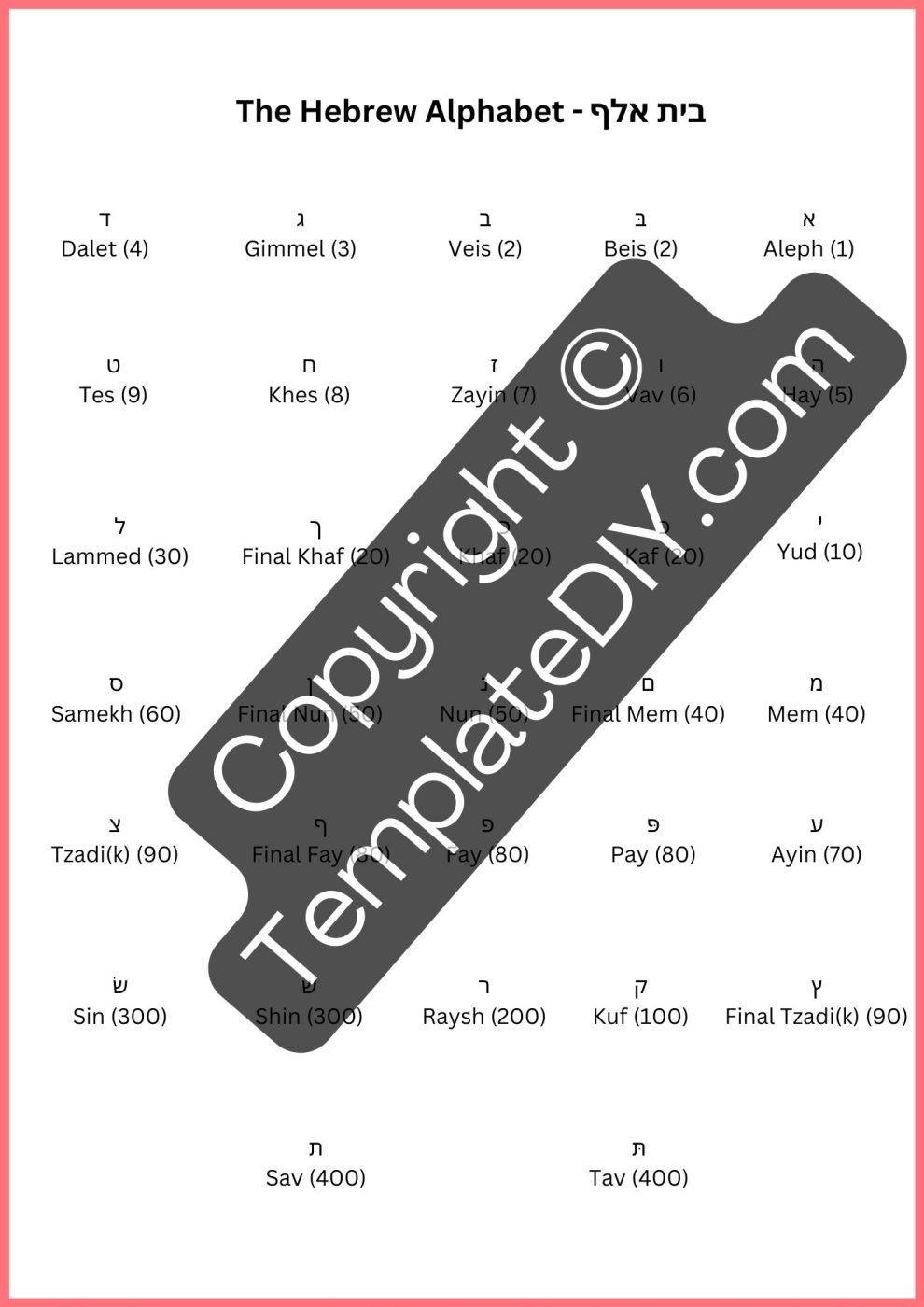 Hebrew Alphabet Letters Printable Template in Pdf Word