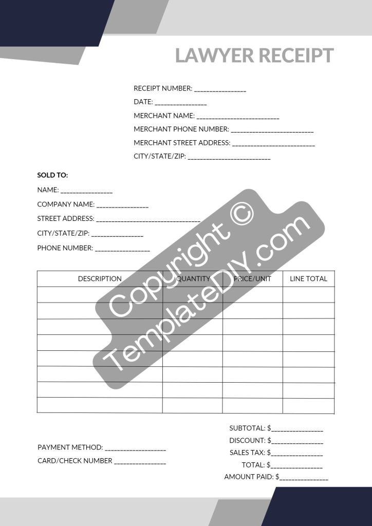 Lawyer Receipt Template Blank Printable in Pdf, Excel, Word