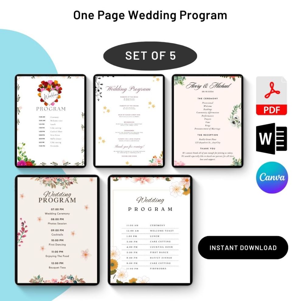 One Page Wedding Program Template Printable Template PDF