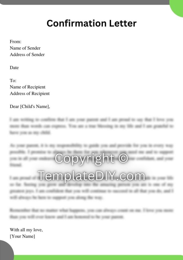Printable Parent Confirmation Letter to Child | Word Format