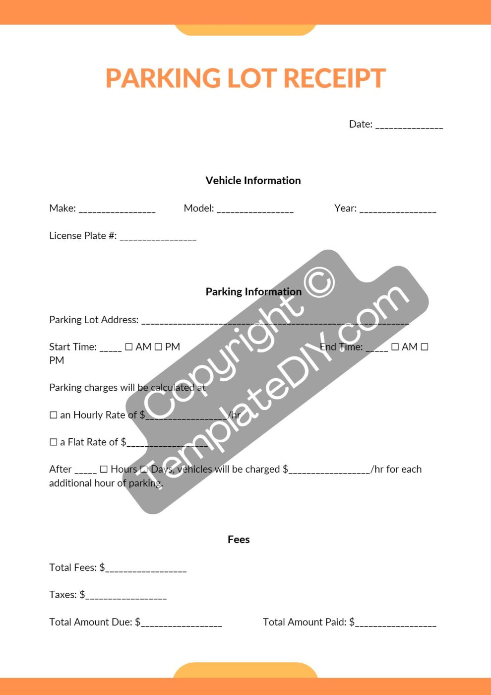 Parking Lot Receipt Template Printable PDF, Word, Excel