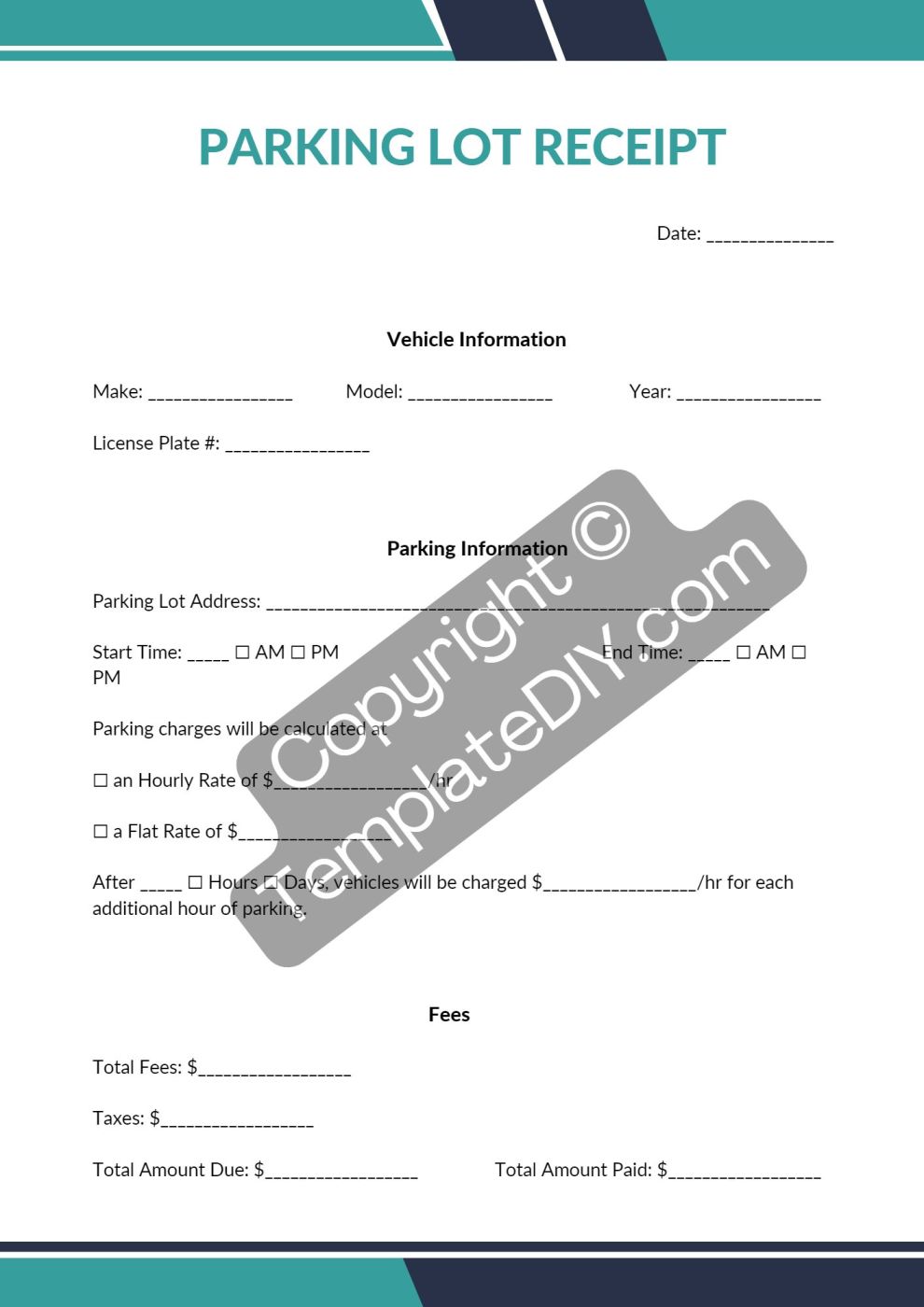 Parking Lot Receipt Template Printable PDF, Word, Excel
