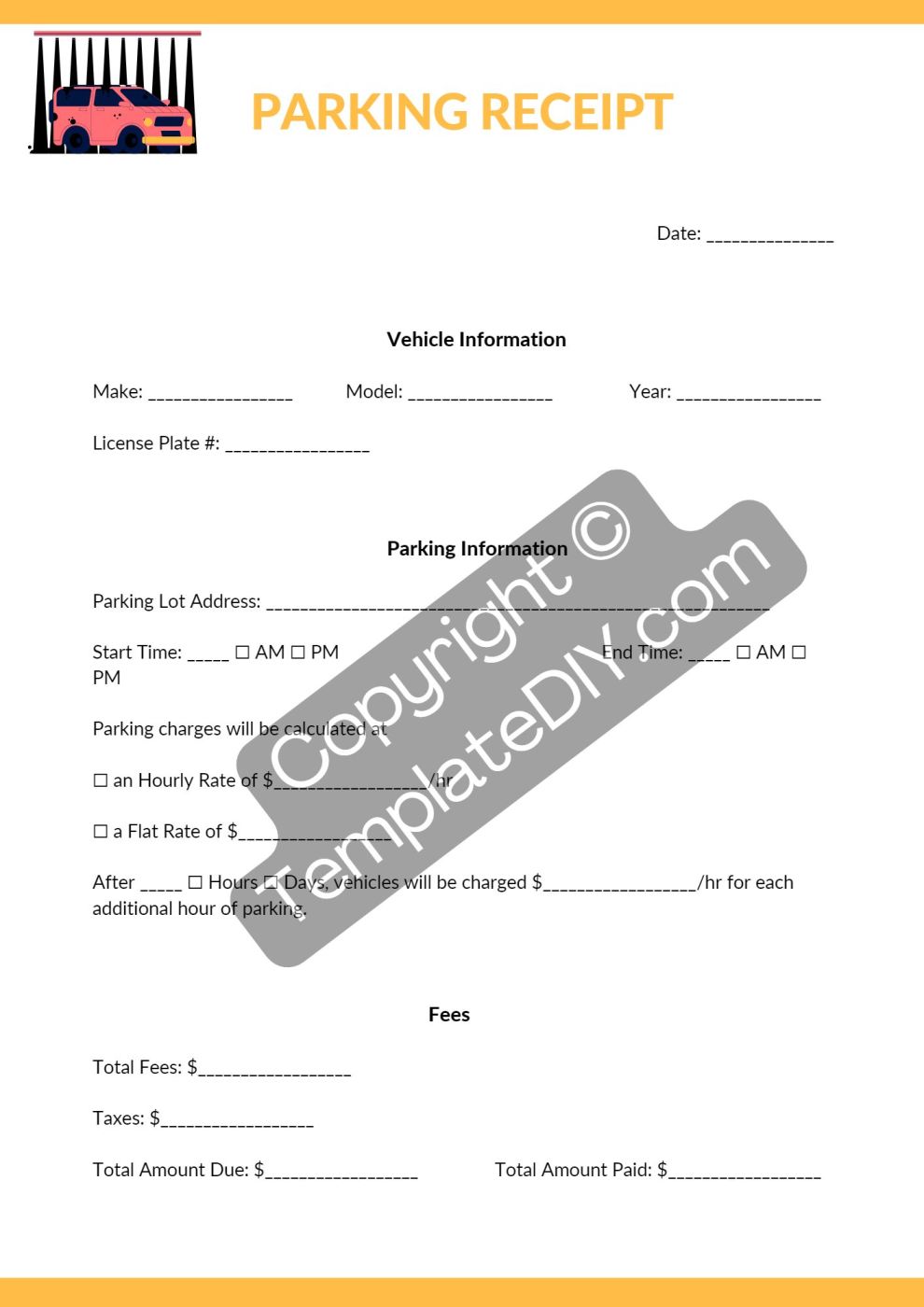 Parking Receipt Template Blank Printable PDF, Excel, Word