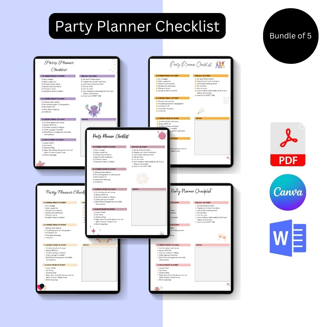 Party Planner Checklist Template Printable PDF, Word, Excel