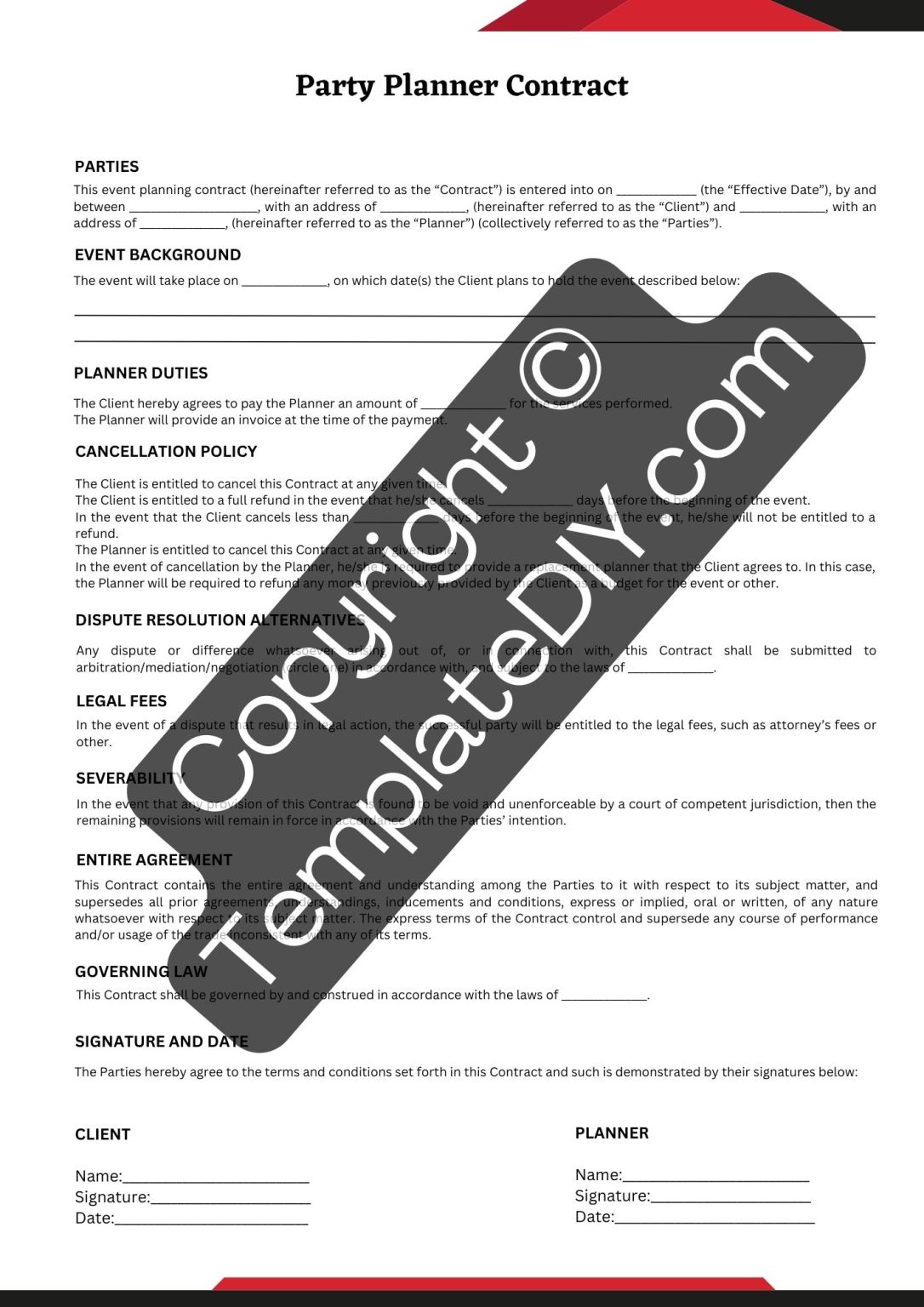 Party Planner Contract Template Printable PDF, Word, Excel