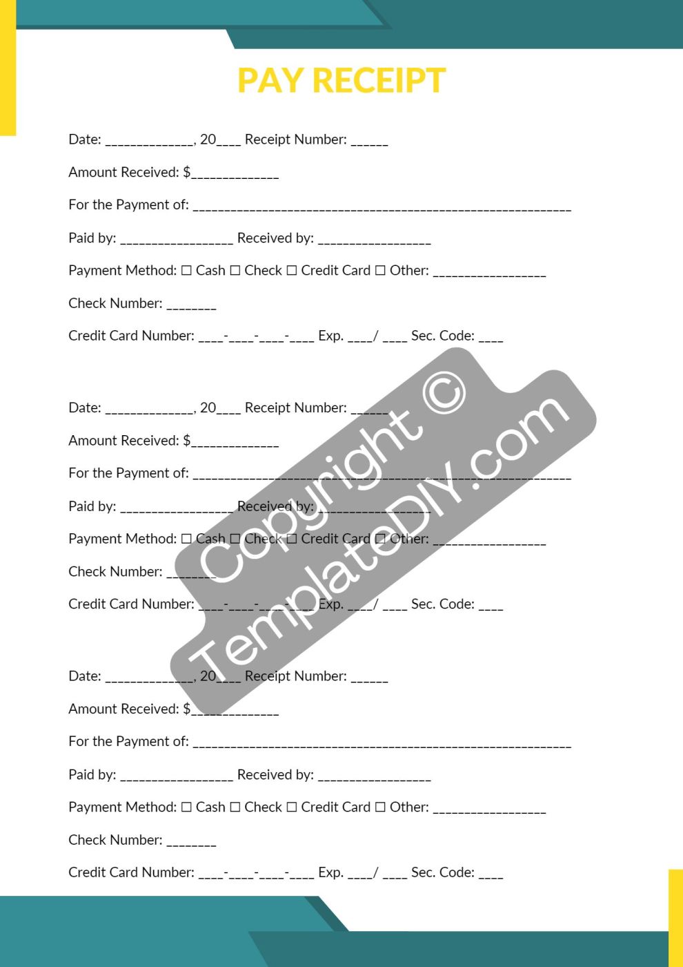 Pay Receipt Template Blank Printable in Pdf, Excel, Word