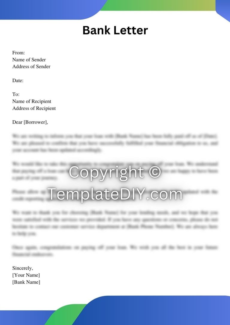 Payoff Letter from Bank Sample with Examples [Word]