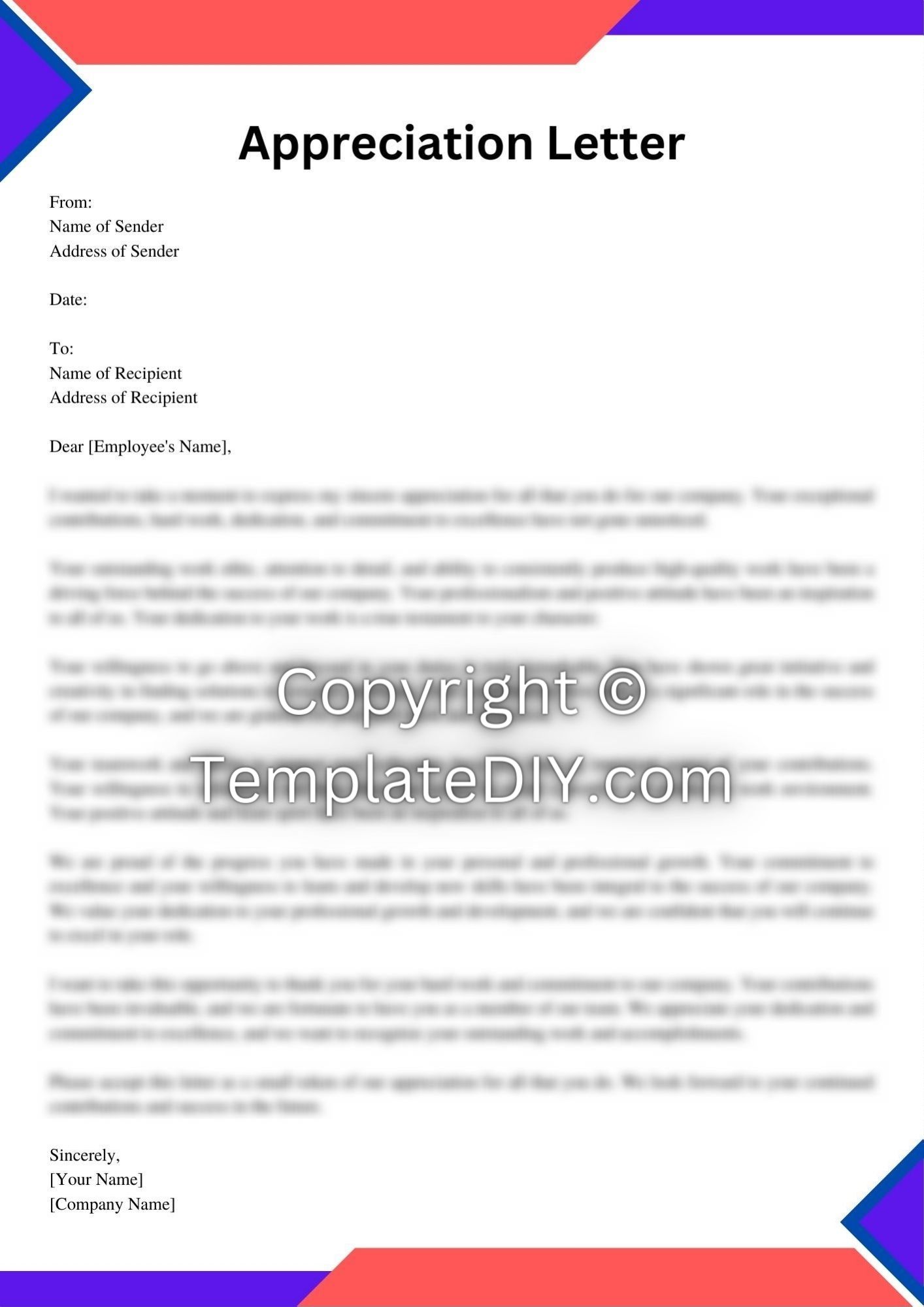 Letter Of Appreciation Template