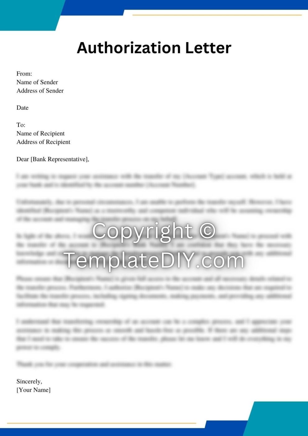 Authorization Letter to Transfer Account Sample [Word]