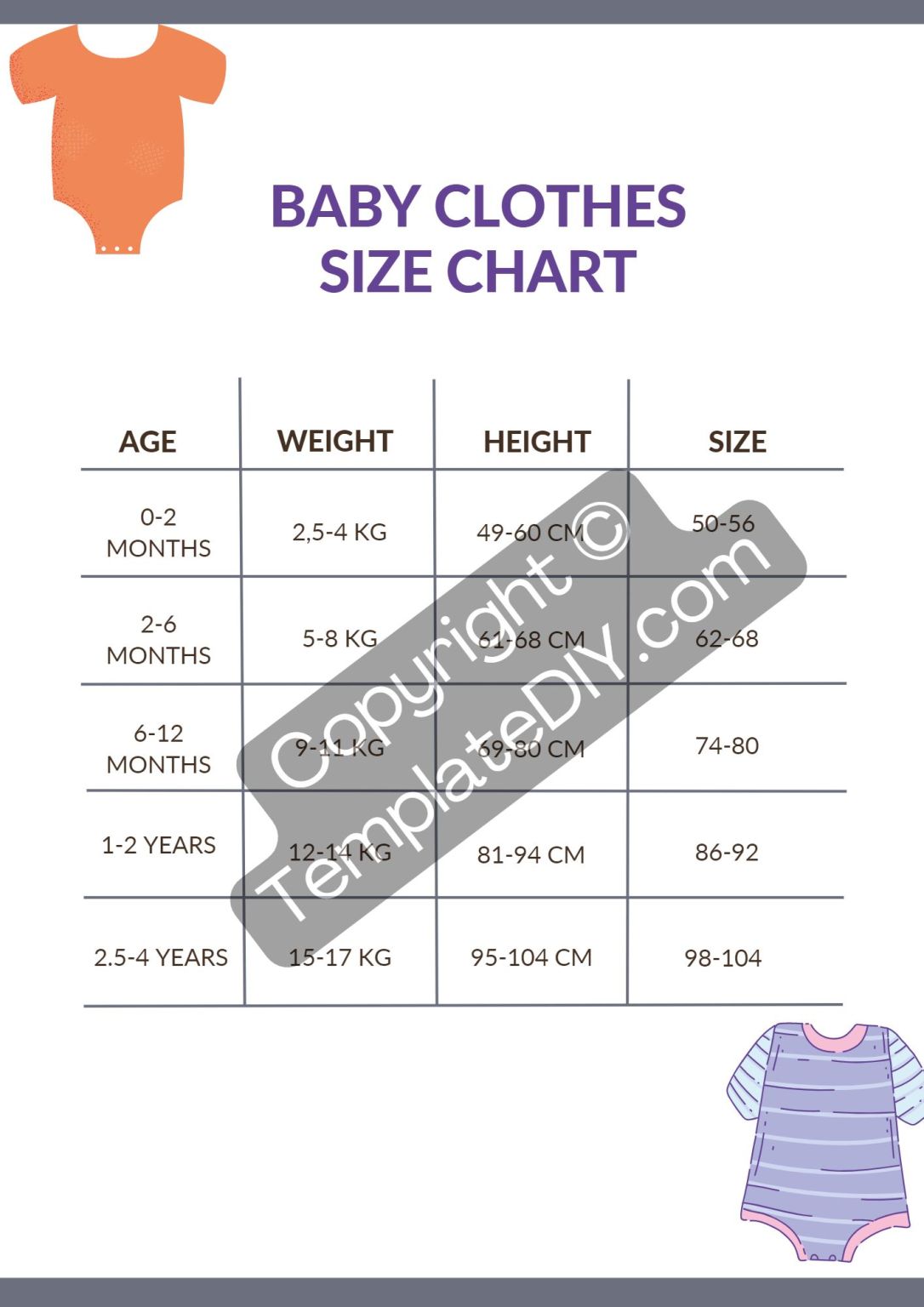 Baby Clothes Size Chart Printable Template PDF, Word
