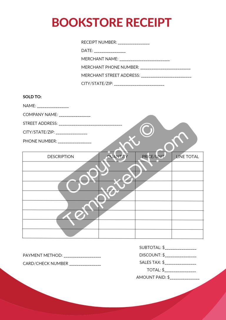 Bookstore Receipt Template Printable PDF, Word, Excel
