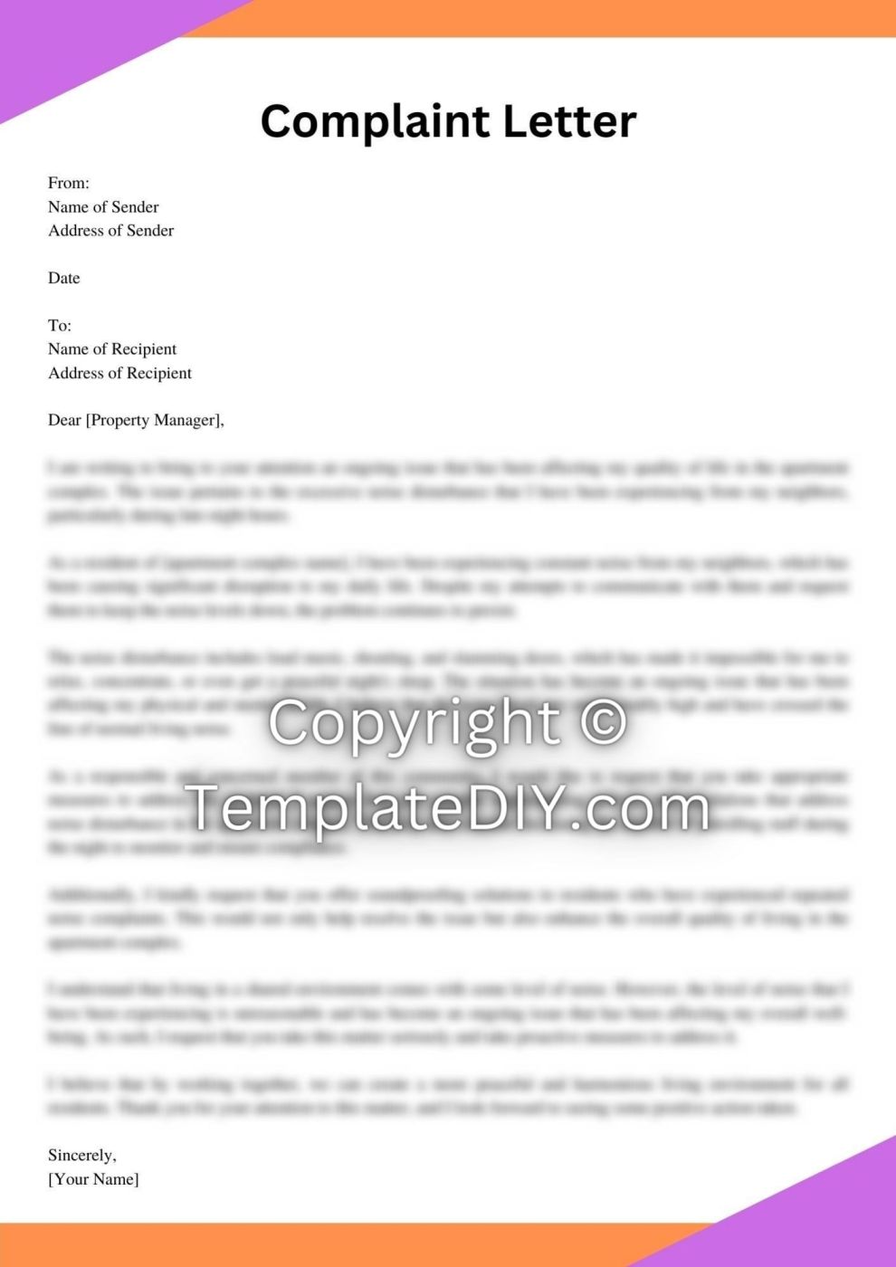 Complaint Letter About Noise in Apartment Sample [Word]