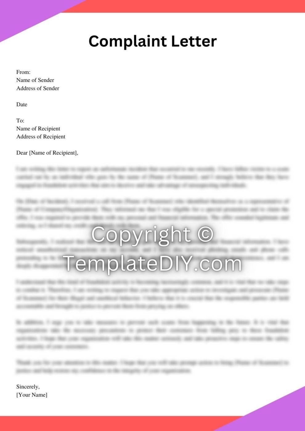 Complaint Letter for Scammer Sample with Examples [Word]